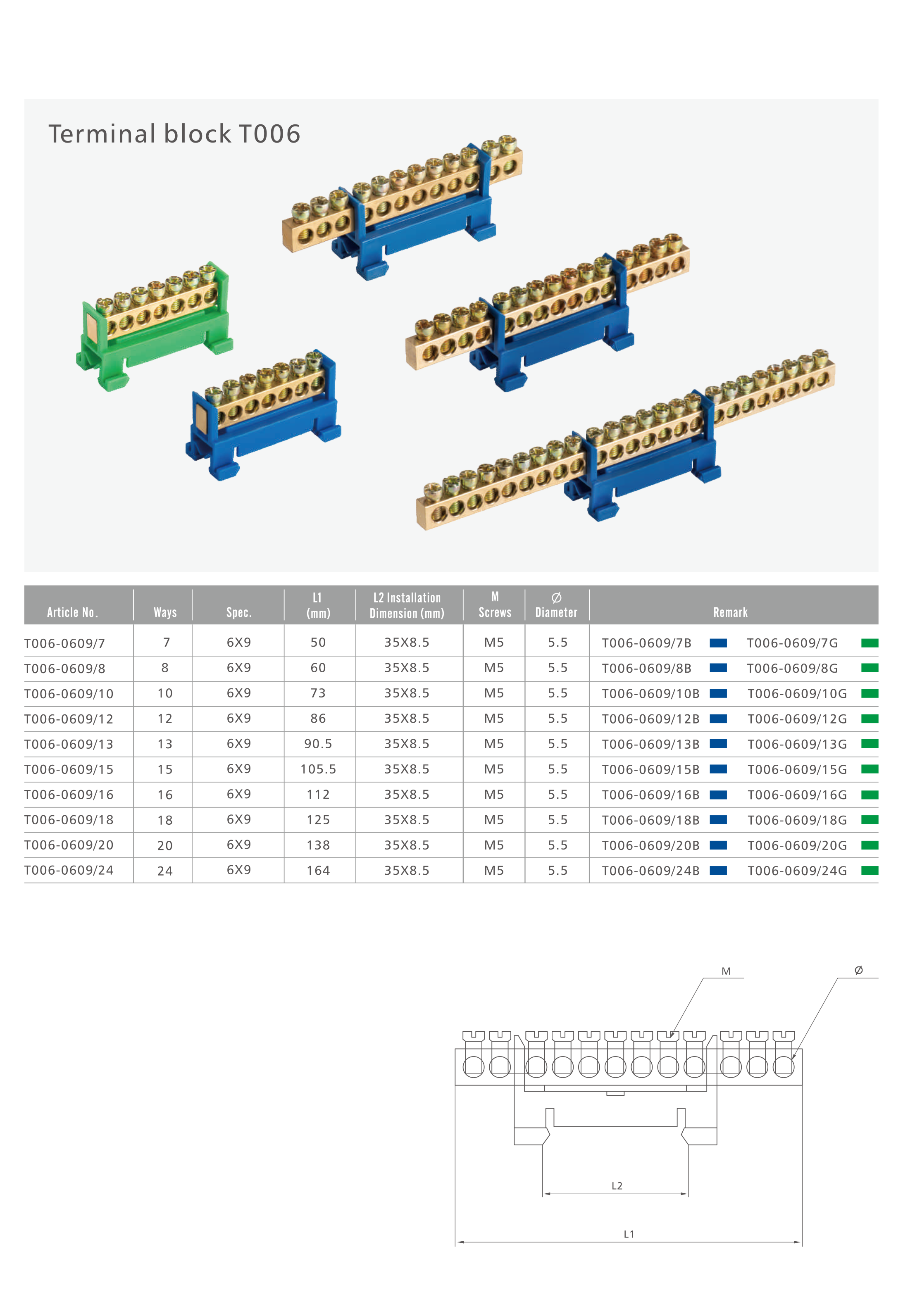 Copper Terminal Blocks T006 Series 7/8/10/12/13/15/16/18/20/24ways M5 ...