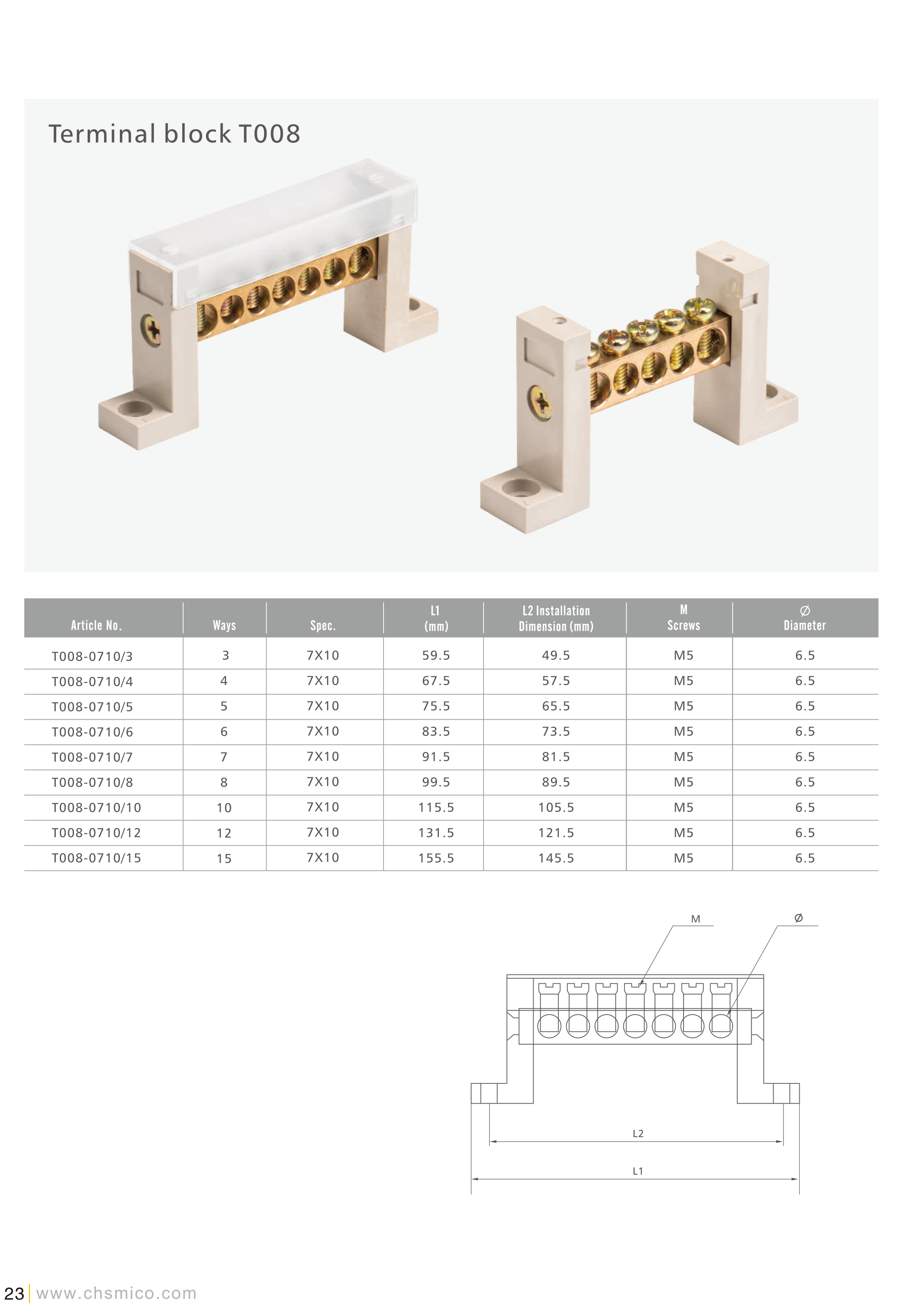 T008 Series Copper Terminal Blocks 3/4/5/6/7/8/10/12/15 Ways M5 Screw ...